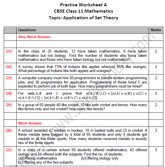 CBSE Class 11 Maths Application of Set Theory Worksheet Set A CBSE Class 11 Maths Application of Set Theory Worksheet Set A